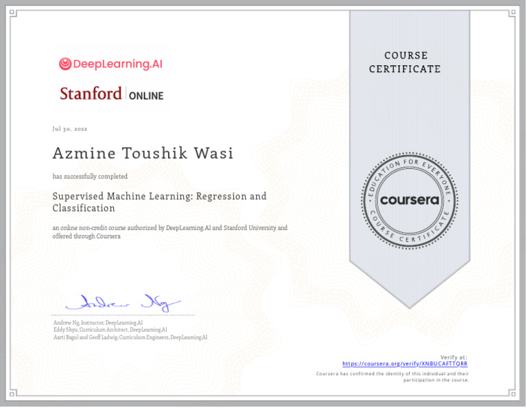 Certificate - Supervised Machine Learning - Regression and Classification | PDF