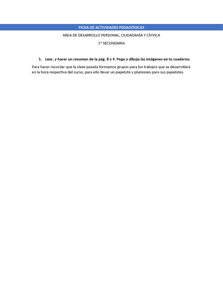 Ficha de Activvidades DPCC 1ro Secuundaria | PDF