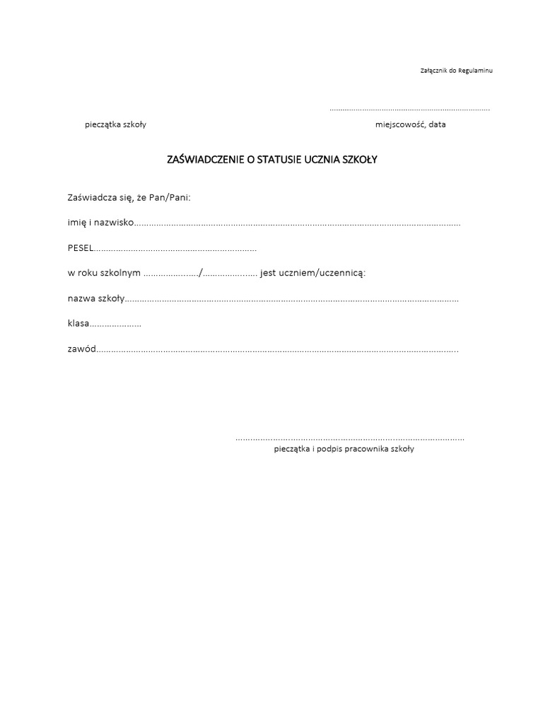 Zaswiadczenie o Statusie Ucznia Szkoly | PDF