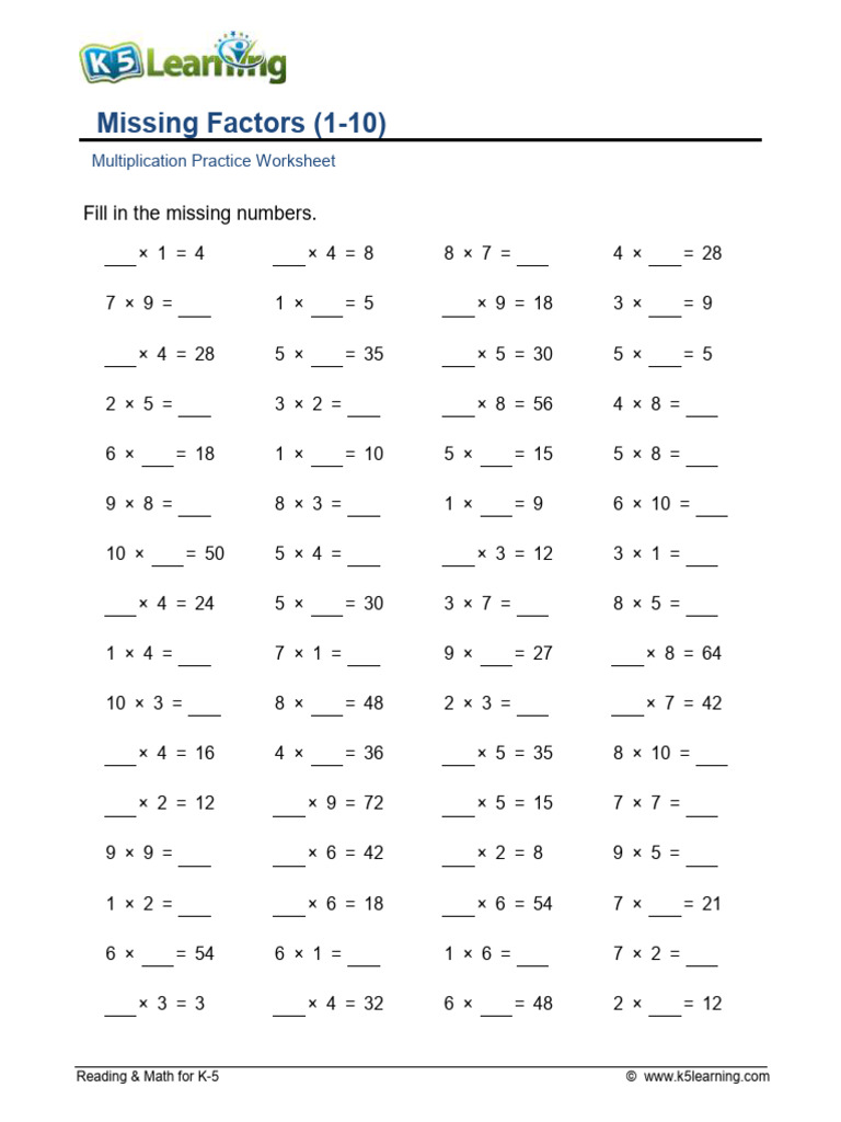 Missing Factors Multiplication Worksheet | PDF