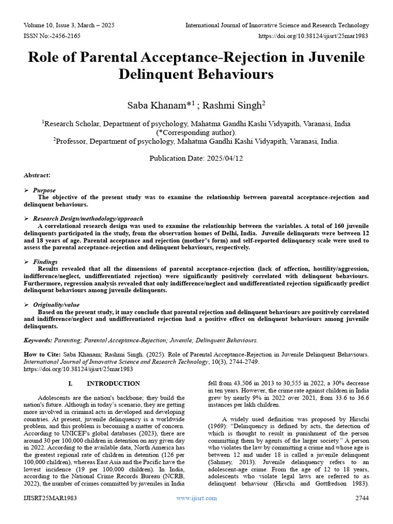 Role of Parental Acceptance-Rejection in Juvenile Delinquent Behaviours | PDF | Juvenile ...