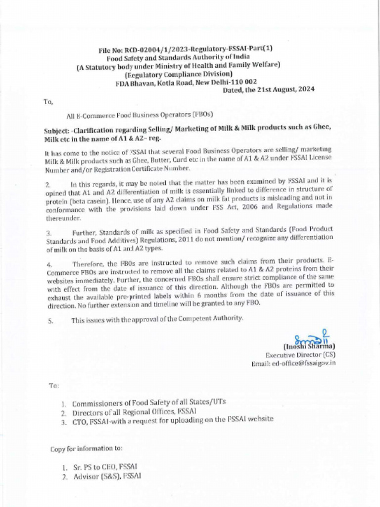 FSSAI-Advisory A1 & A2 Milk & Milk Products-Dt21staug24 | PDF