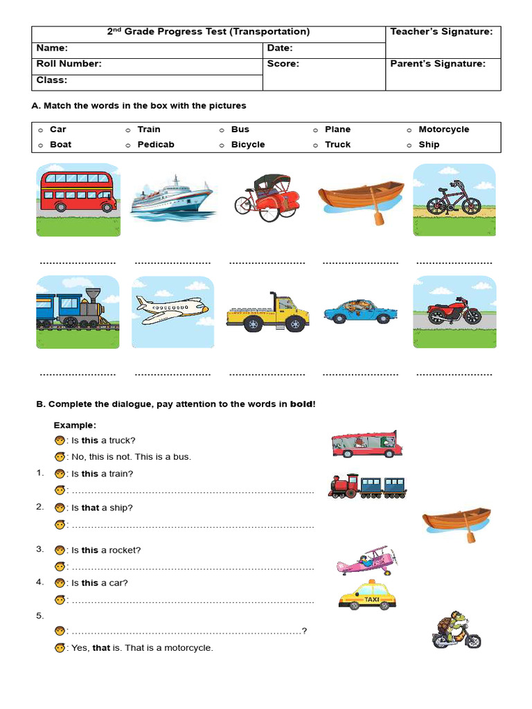 Class 2 Transportation Progress Test | PDF