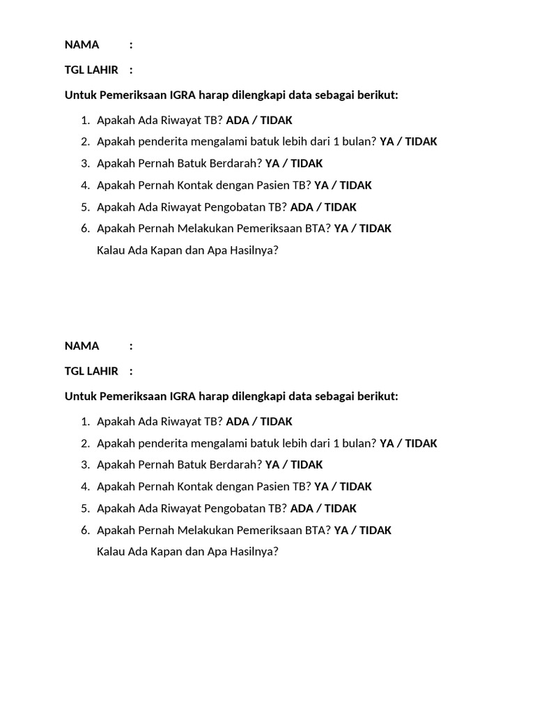 Pertanyaan Untuk Pemeriksaan IGRA | PDF