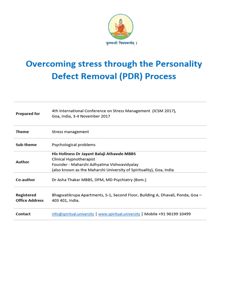 Overcoming Stress Through The Personality Defect Removal PDR Process ...