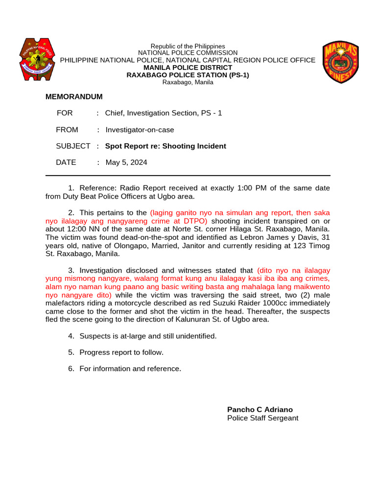 Sample MEMO For SPOT REPORT | PDF