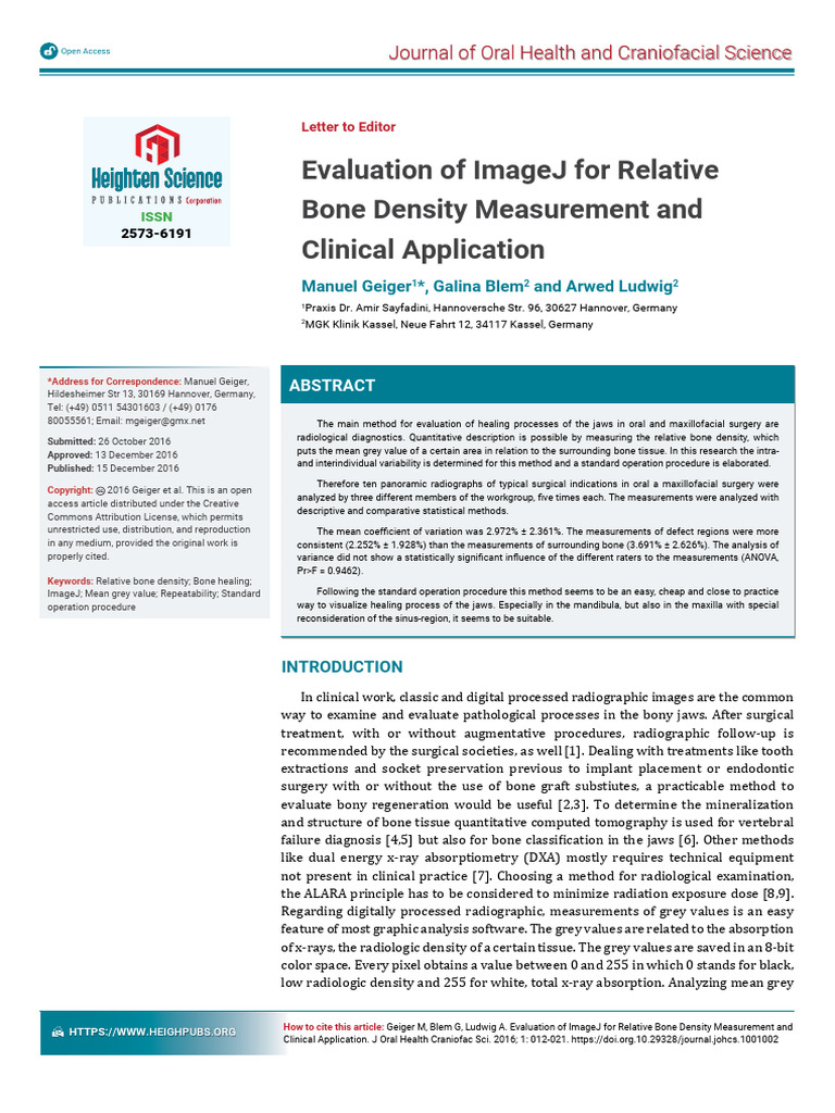 Evaluation of ImageJ For Relative Bone Density Mea | PDF | Radiography ...