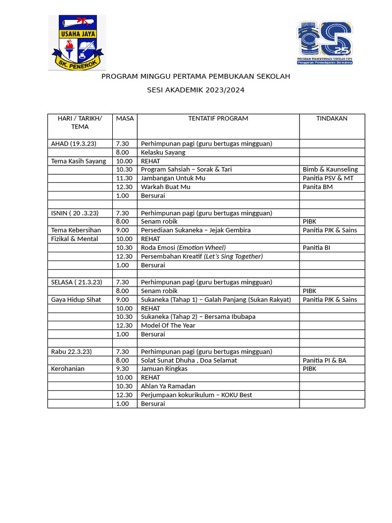 Program Minggu Pertama Pembukaan Sekolah | PDF