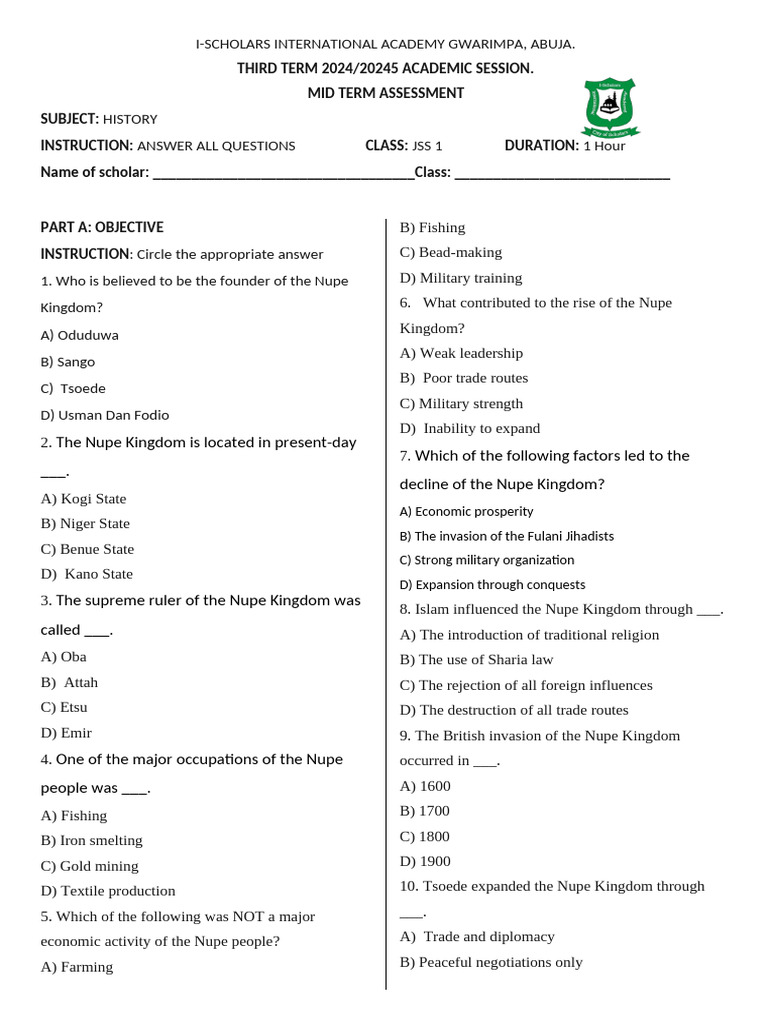 JSS1 History Exam: Nupe Kingdom Focus | PDF