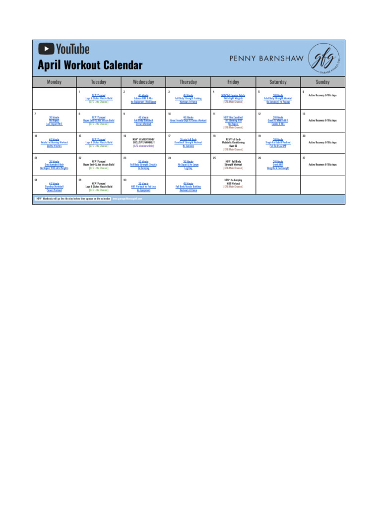 GFG April Workout Calendar 2025 | PDF | Strength Training | High ...