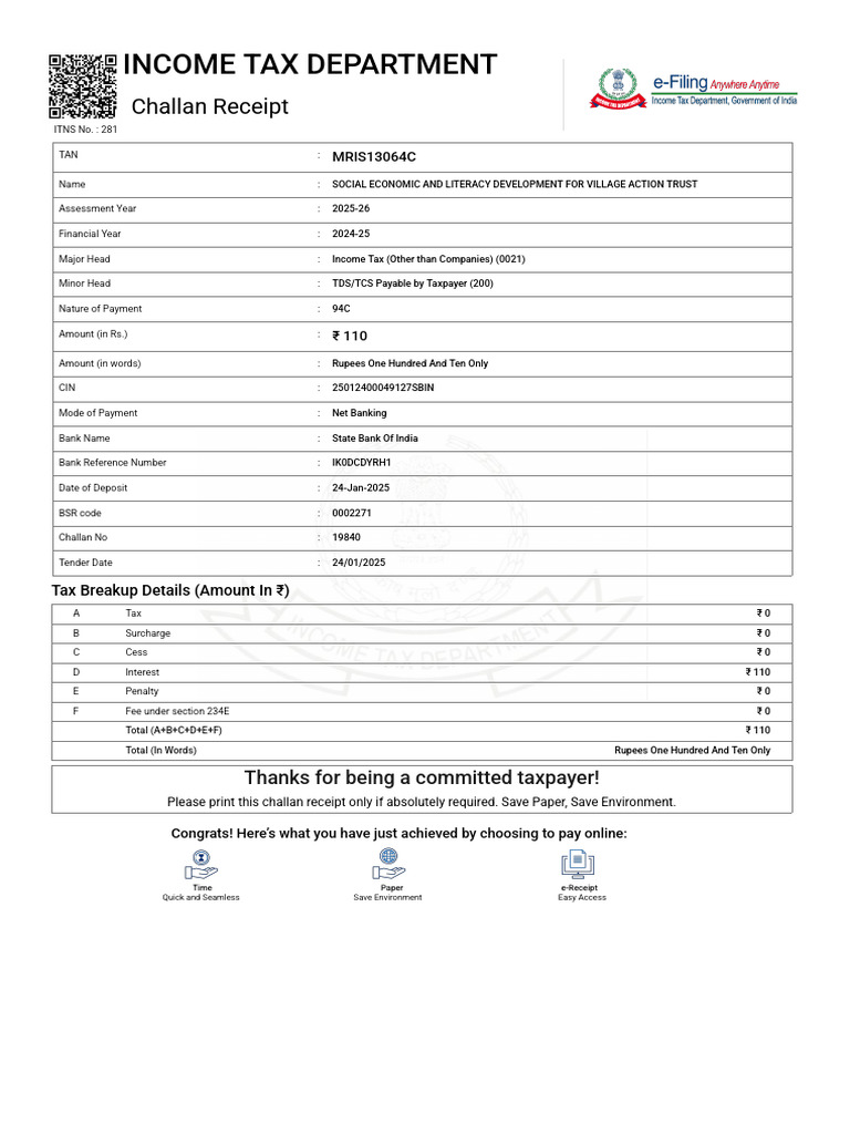 Income Tax Challan Receipt ITNS 281 | PDF | Taxes | Government Finances