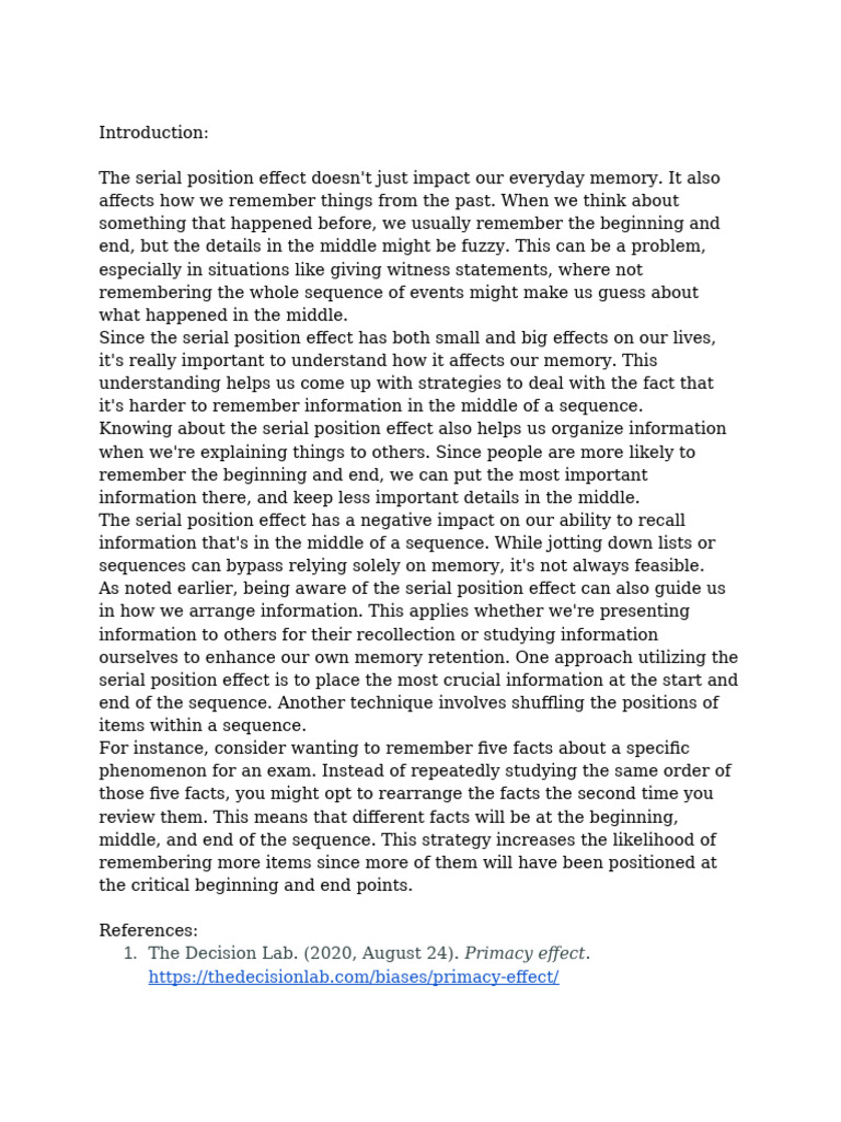 Serial Position Curve (Intro - Lit Review) | PDF | Cognition ...