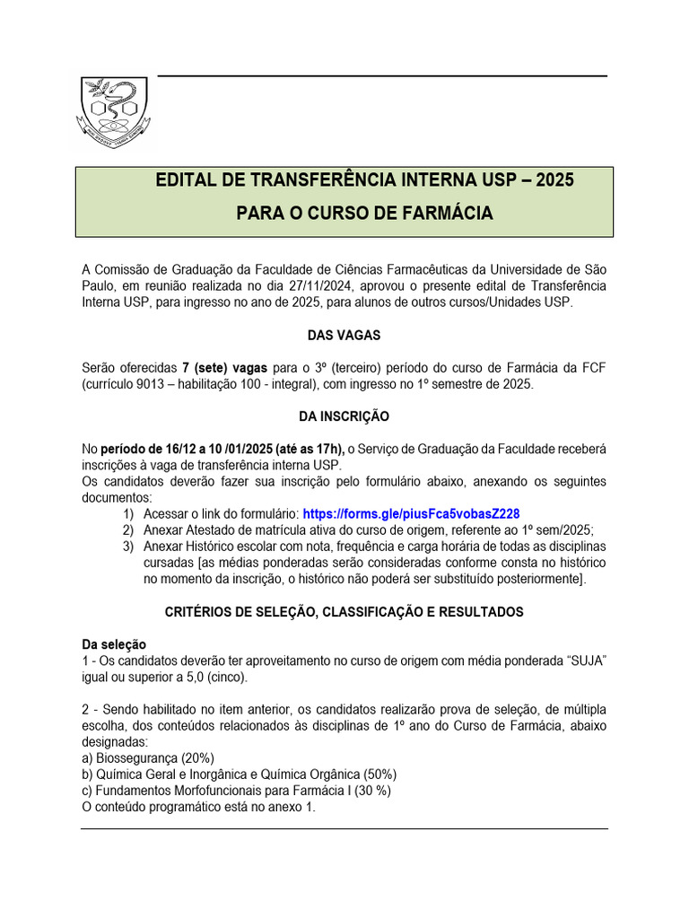 Transferência Interna USP Farmácia 2025 | PDF | Química | Moléculas