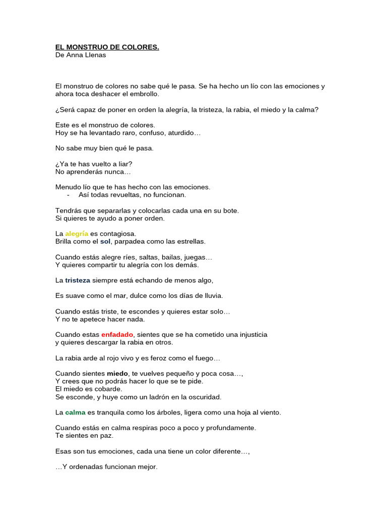 El Monstruo de Colores: Emociones en Orden | PDF