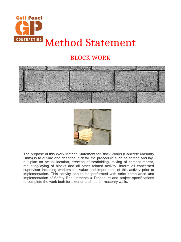 Method Statment For Block Work - Modified | PDF | Concrete | Masonry