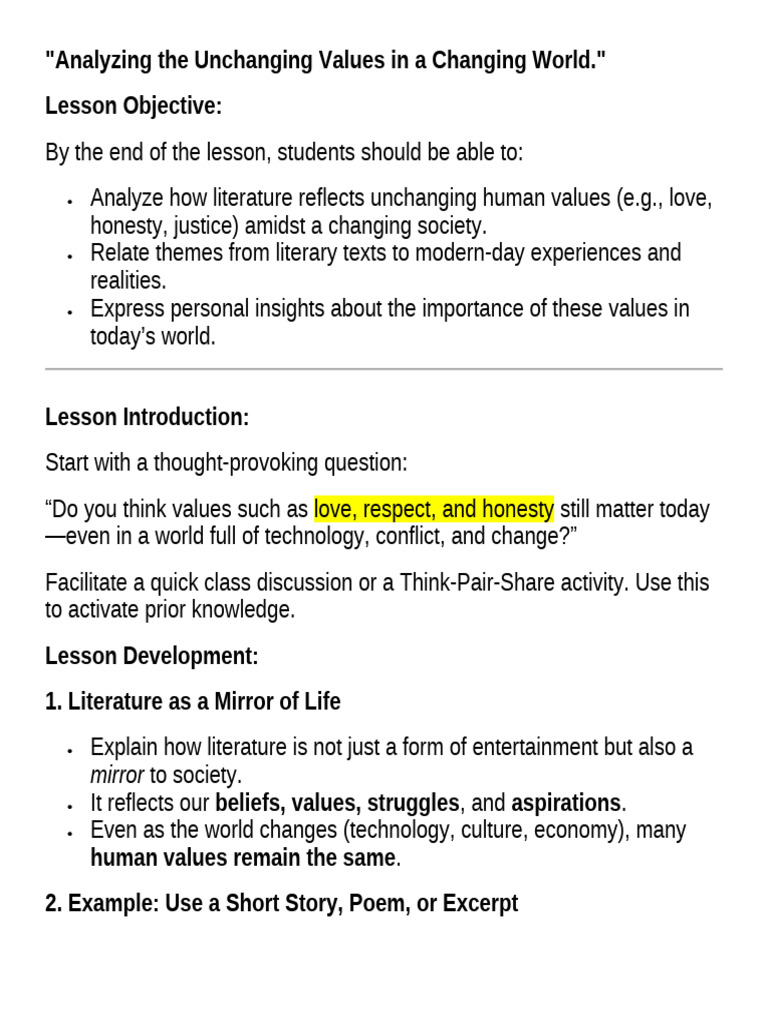 Analyzing The Unchanging Values in A Changing World | PDF