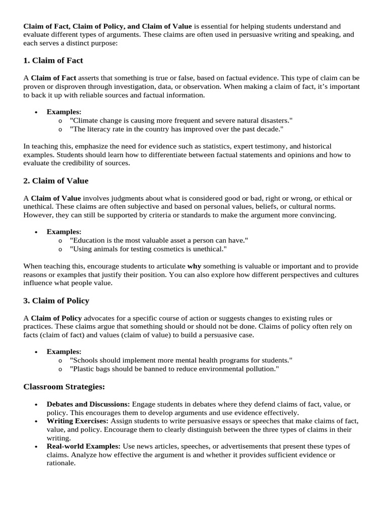 Claim of Fact, Policy, and Value | PDF