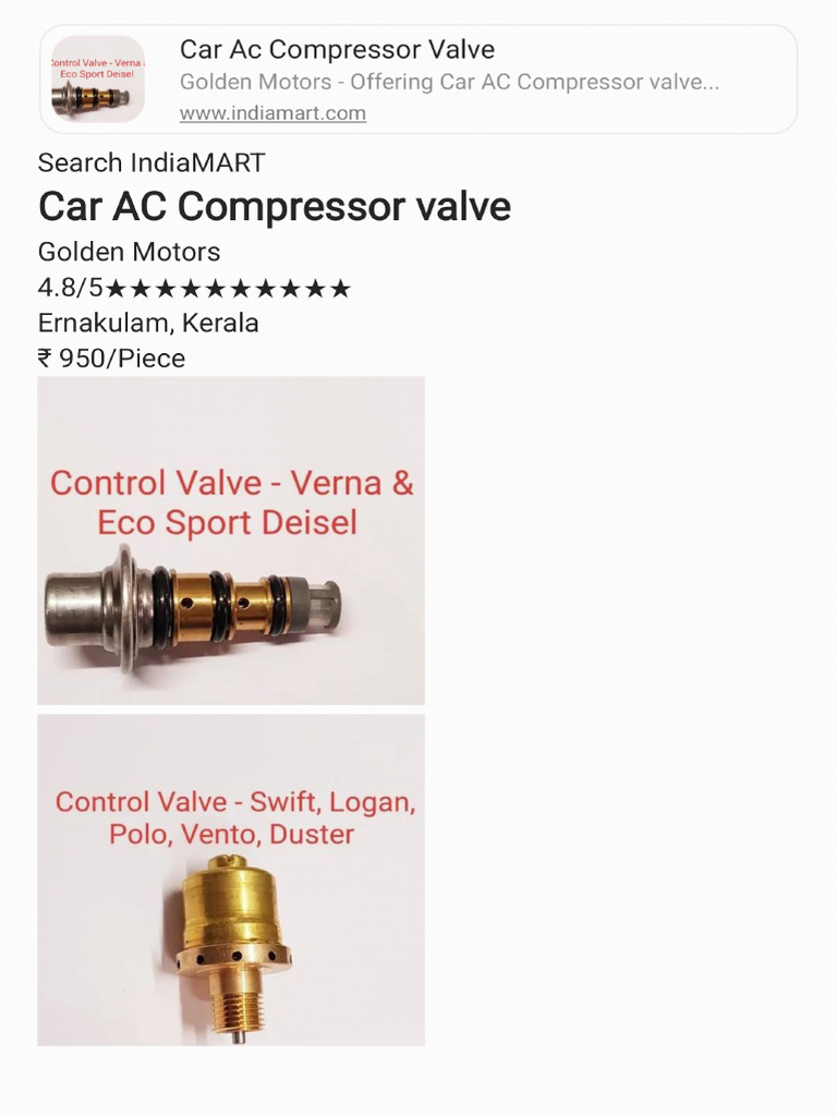 Car AC Compressor Valve at 950piece Vytila - 250414 - 173344 | PDF