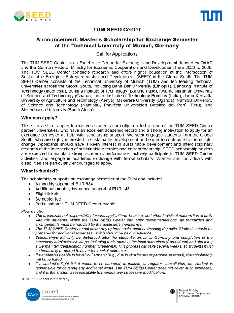 TUM SEED Center Master's Scholarship Announcement | PDF