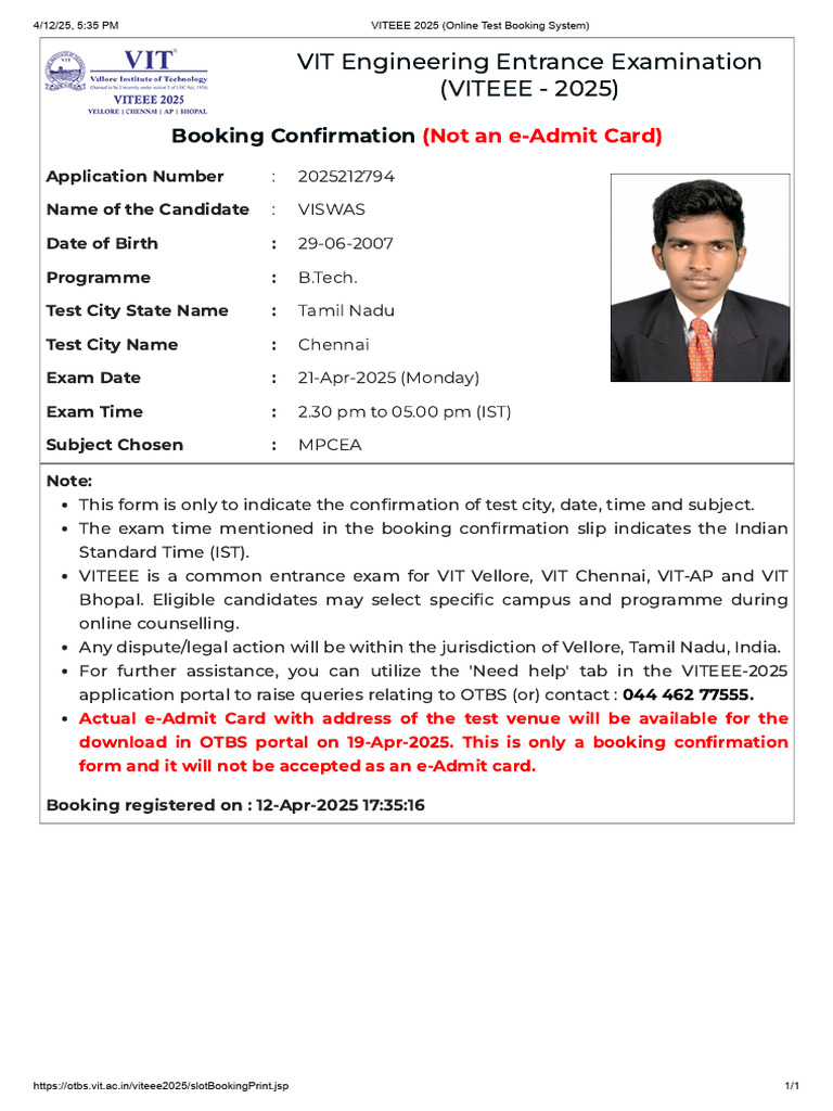 VITEEE 2025 (Online Test Booking System) | PDF