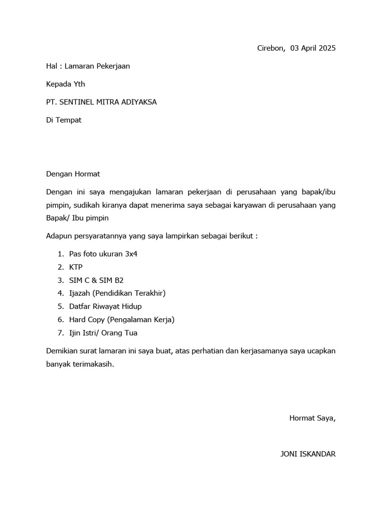 Surat Lamaran Kerja JONI ISKANDAR | PDF