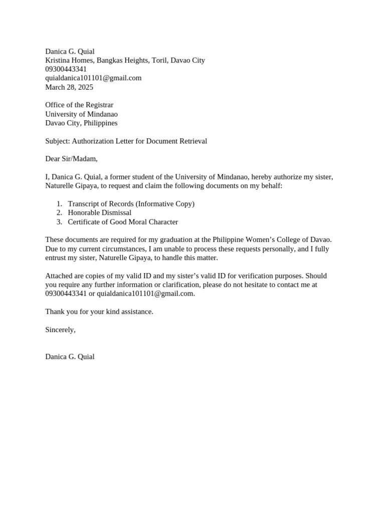 Authorization Letter for Document Retrieval | PDF