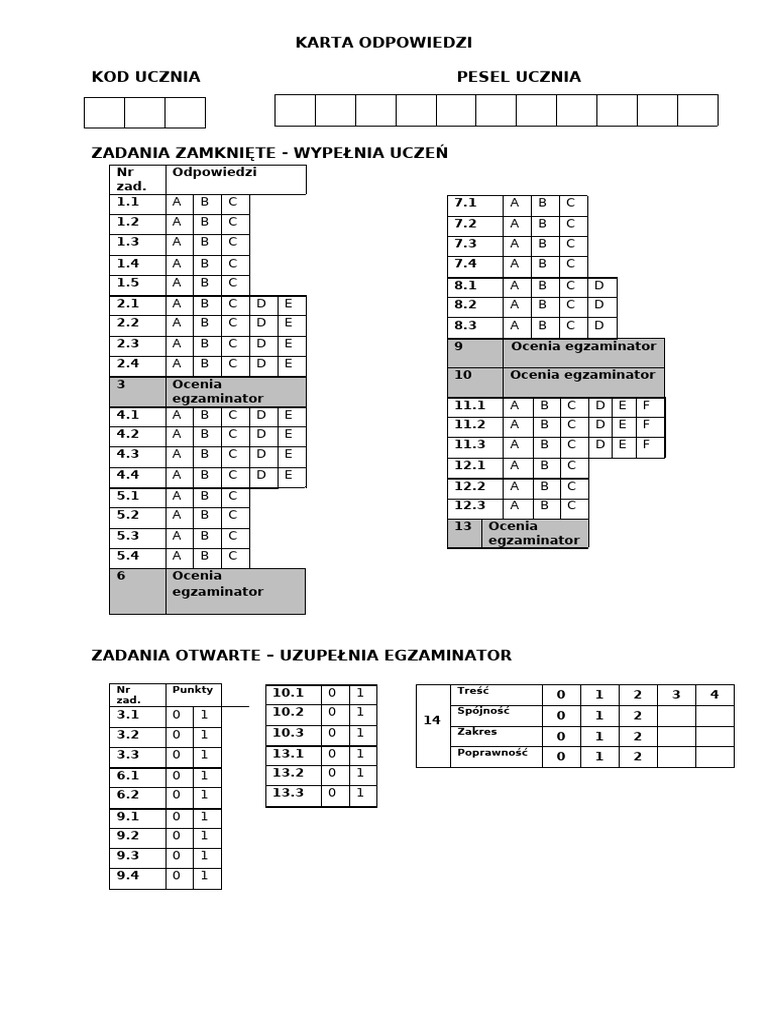 KARTA ODPOWIEDZ1 Egz 8kl DO WB | PDF