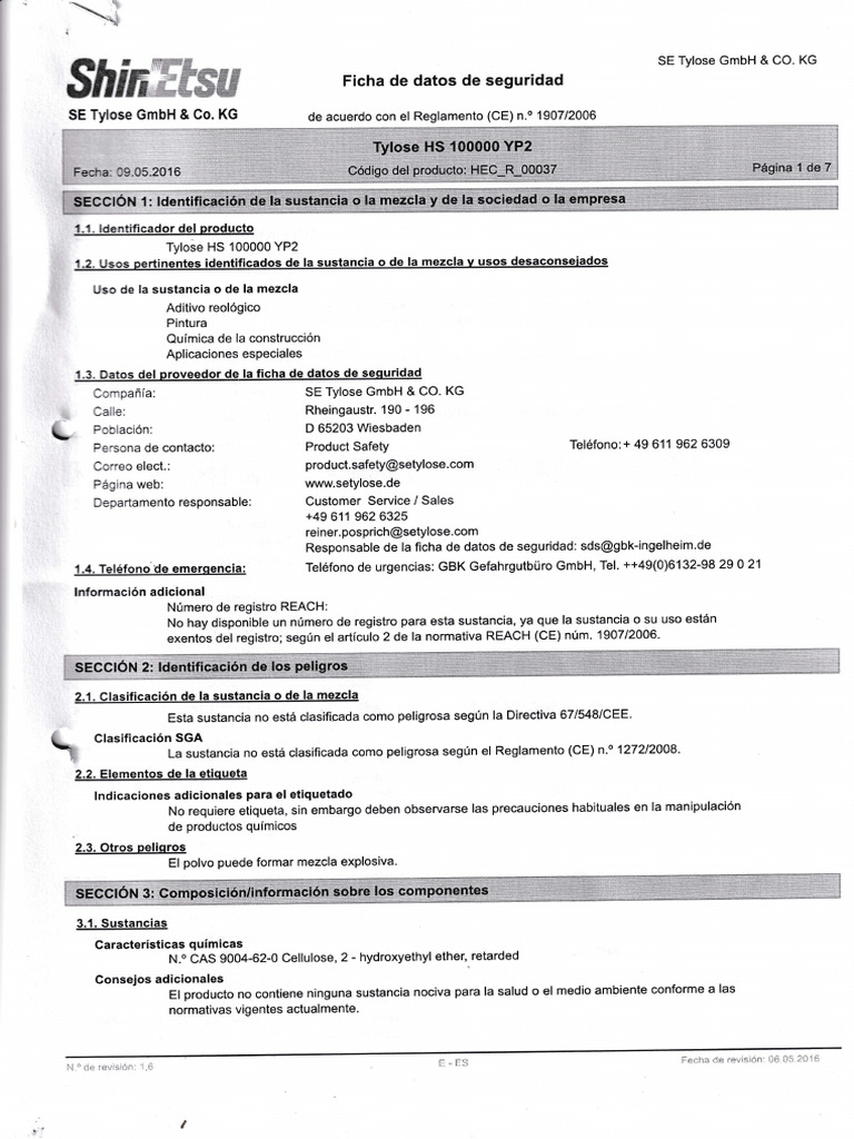 Ficha de Seguridad Tylose HS 100000 Yp2 Milberg | PDF | Ciencias ...