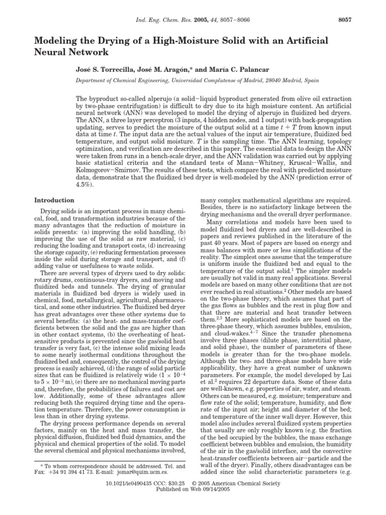 Palancar Et Al 2005 Modeling The Drying of A High Moisture Solid With An Artificial Neural ...