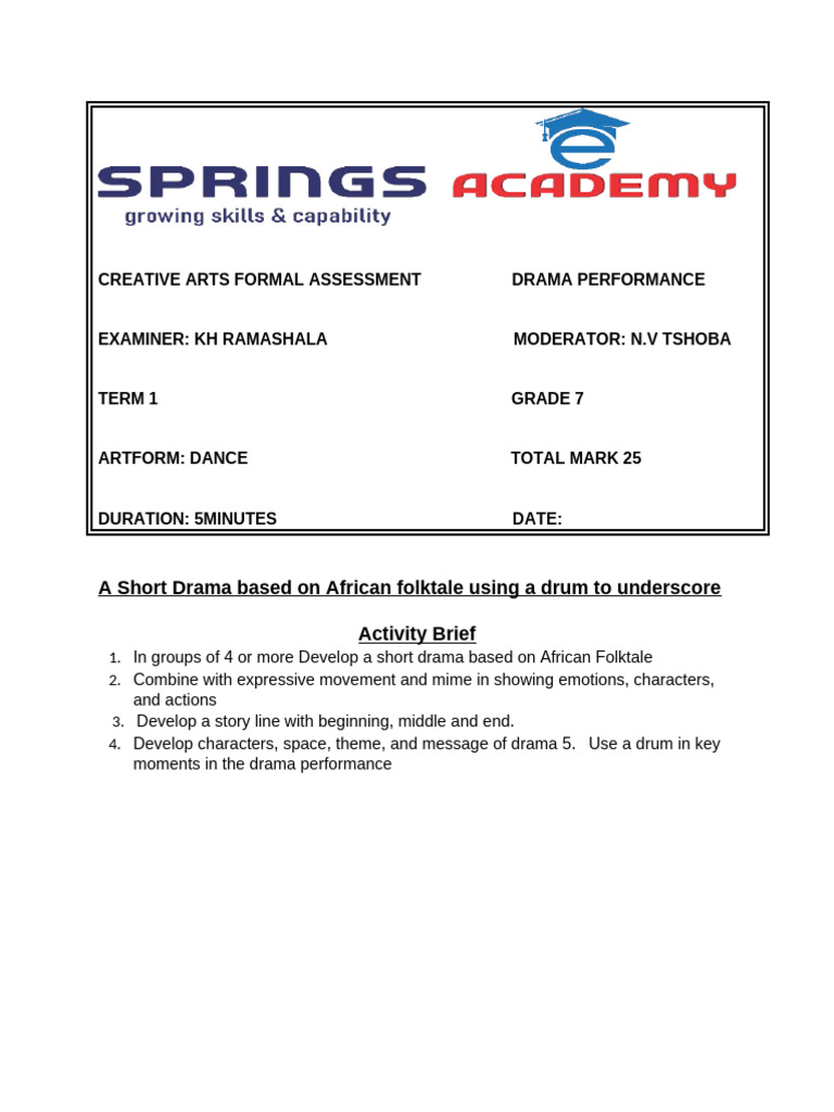 Grade 6 Drama Performance Assessment | PDF