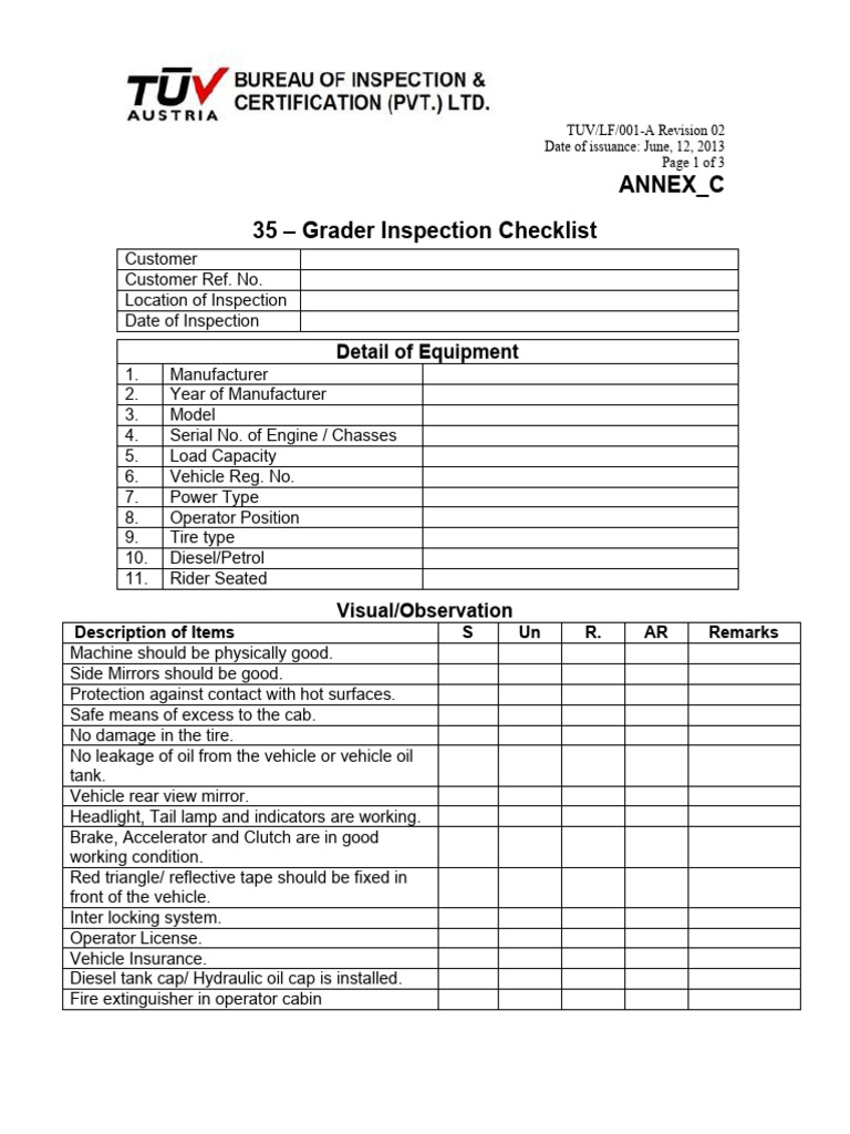 Grader Inspection Checklist Template | PDF