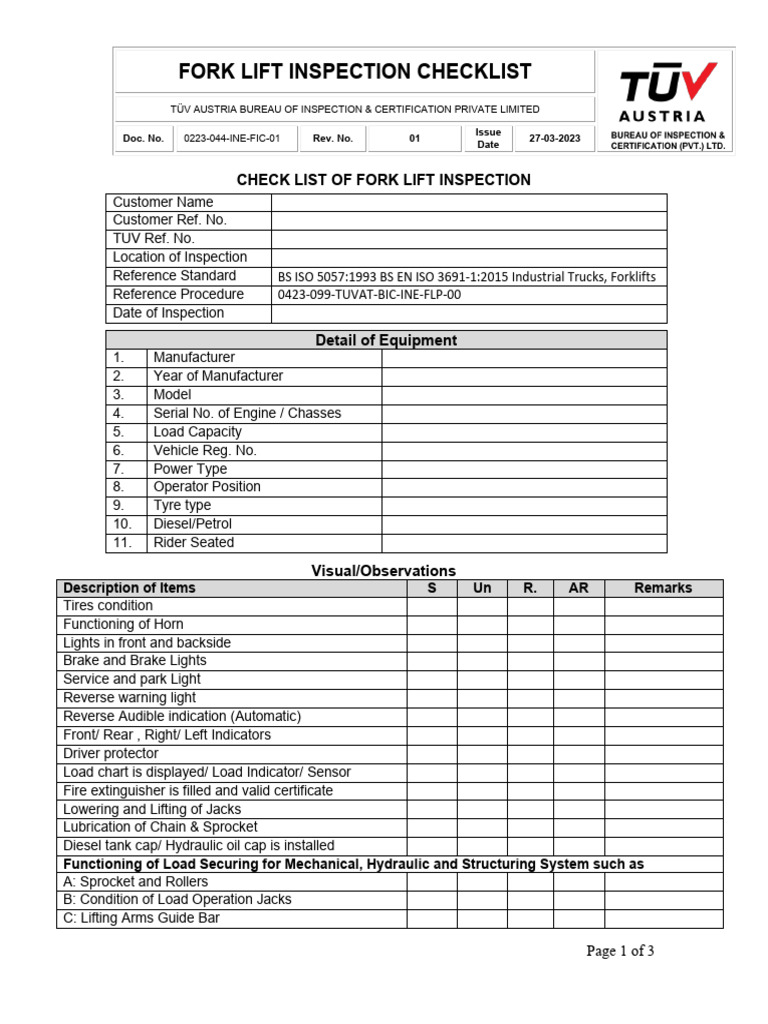 44 - Fork Lift Truck Inspection Checklist (TUV) Rev1 | PDF | Forklift ...
