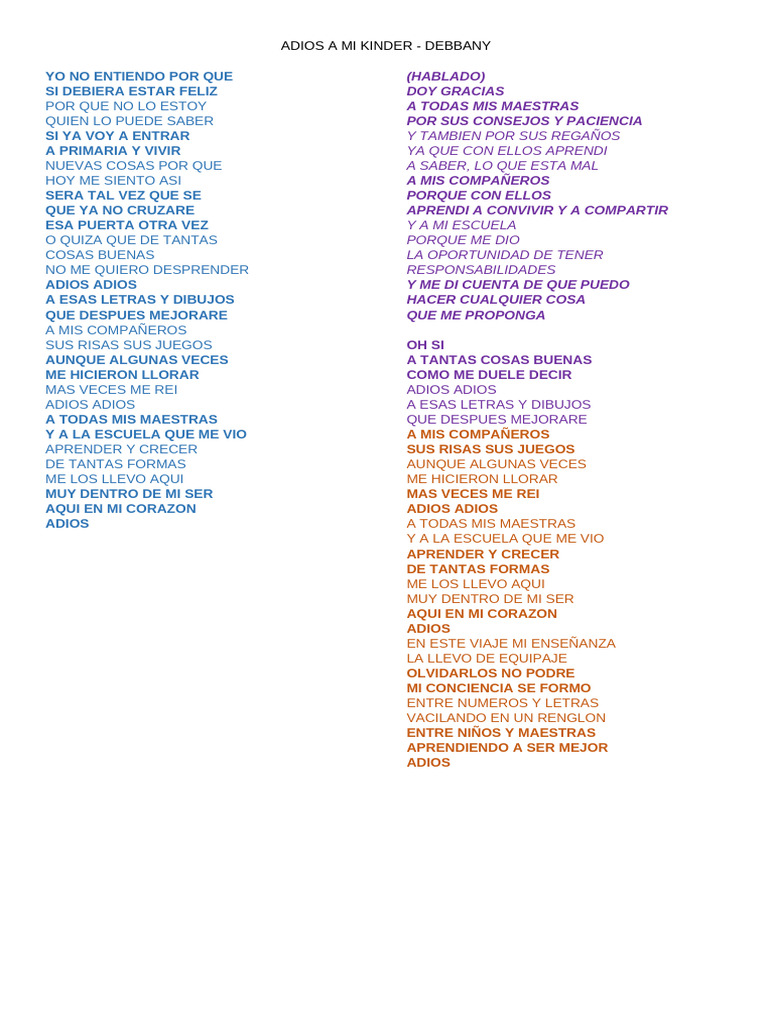 Letra ADIOS A MI KINDER | PDF