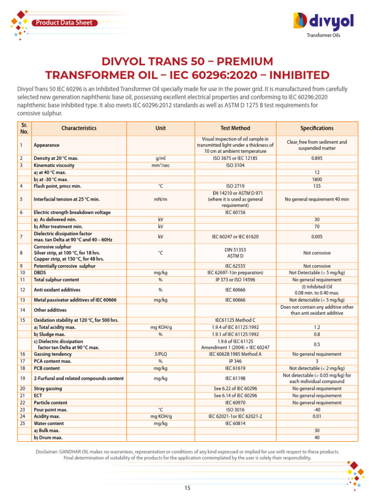 Divyol Trans 50 Transformer Oil Data | PDF | Transformer ...