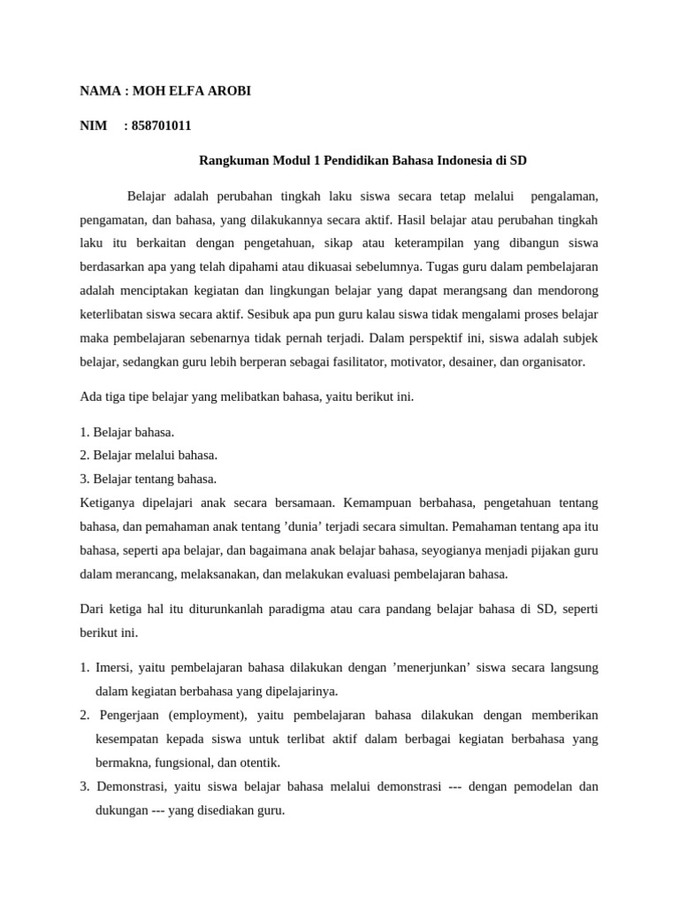 Rangkuman Modul 1 dan 2 Pendidikan Bahasa Indonesia di SD | PDF