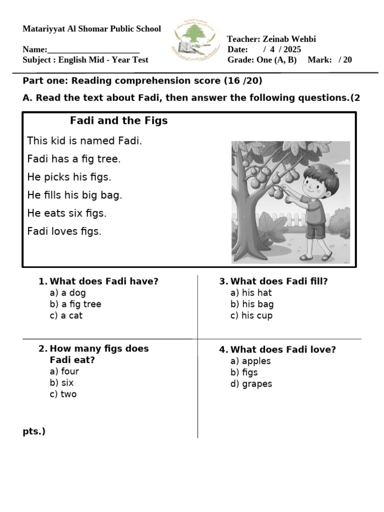 Mid Year Test Grade 1 2025 Afternoon 033936 Pdf