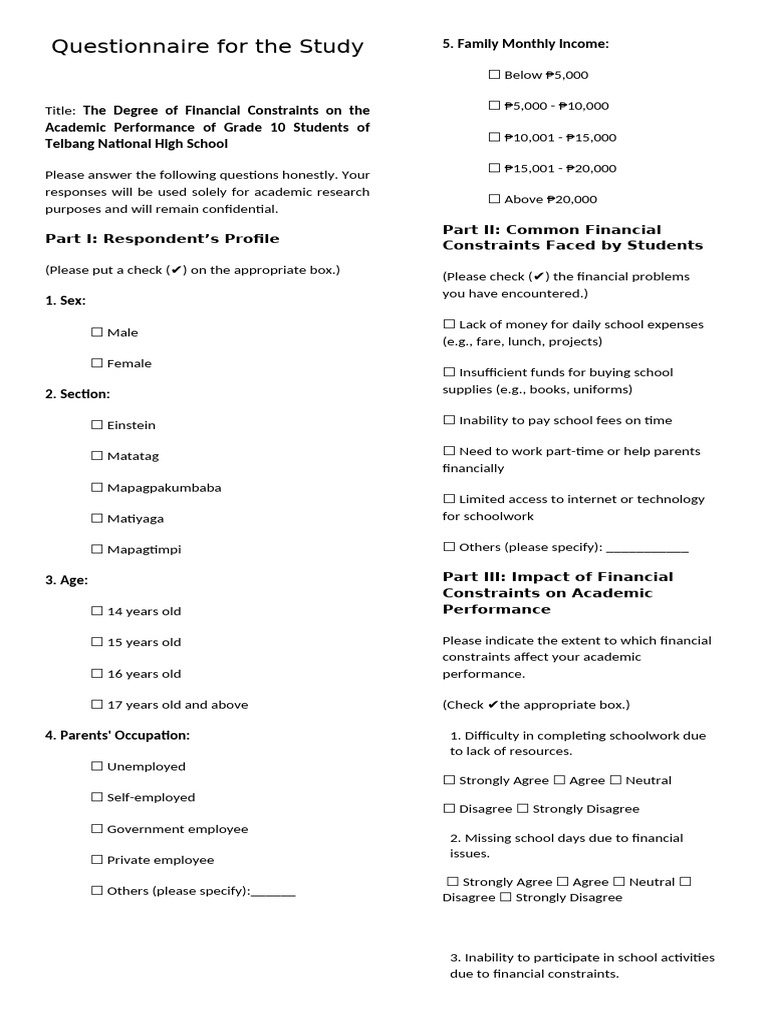 Questionnaire For The Study - Half | PDF