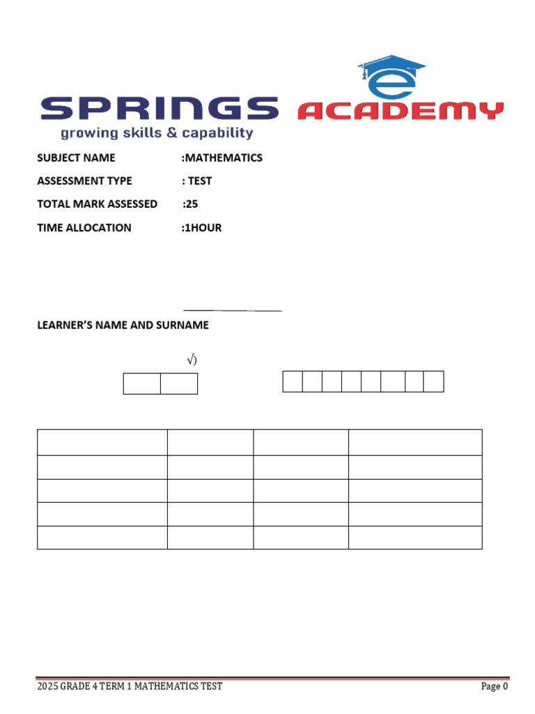 Grade 4 Mathematics Test Term 1 2025 - 020914 | PDF | Cognition ...