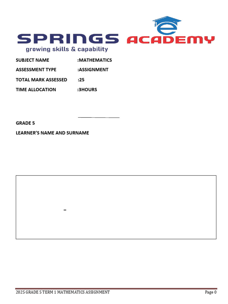 Grade 5 Mathematics Assignment Term 1 2025 | PDF