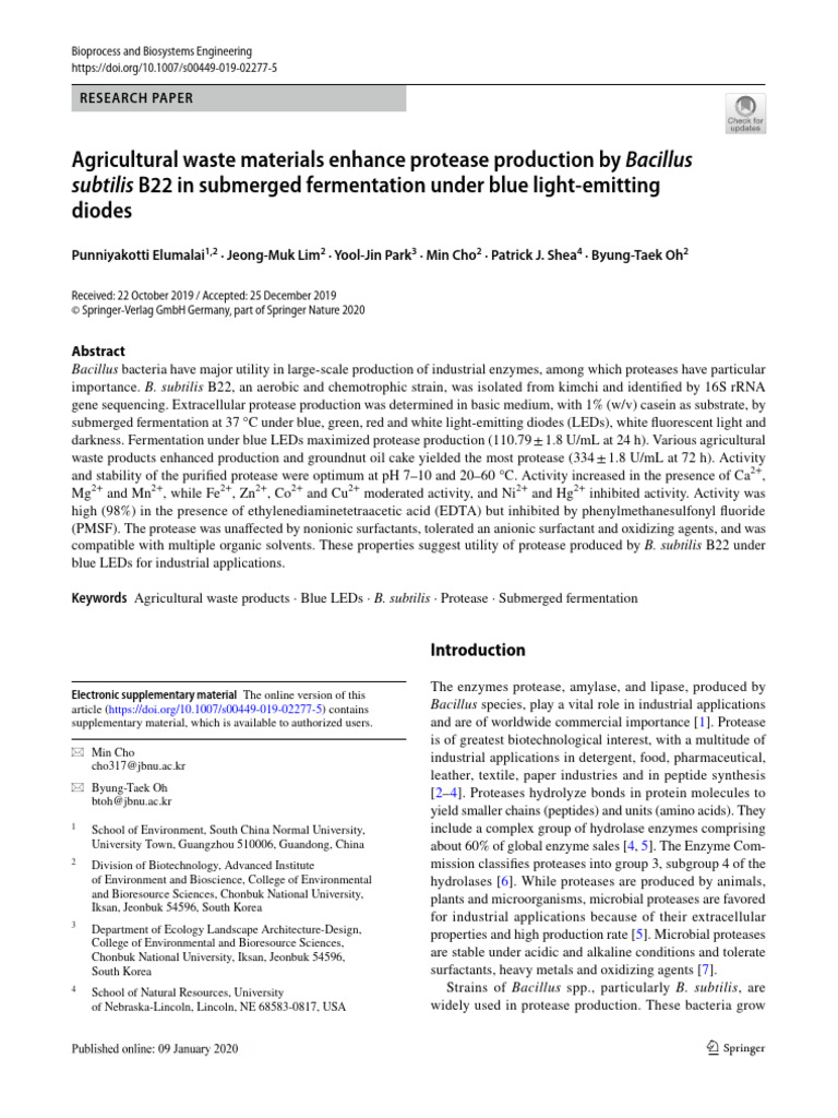 Agricultural Waste Materials Enhance Protease Production by Bacillus ...