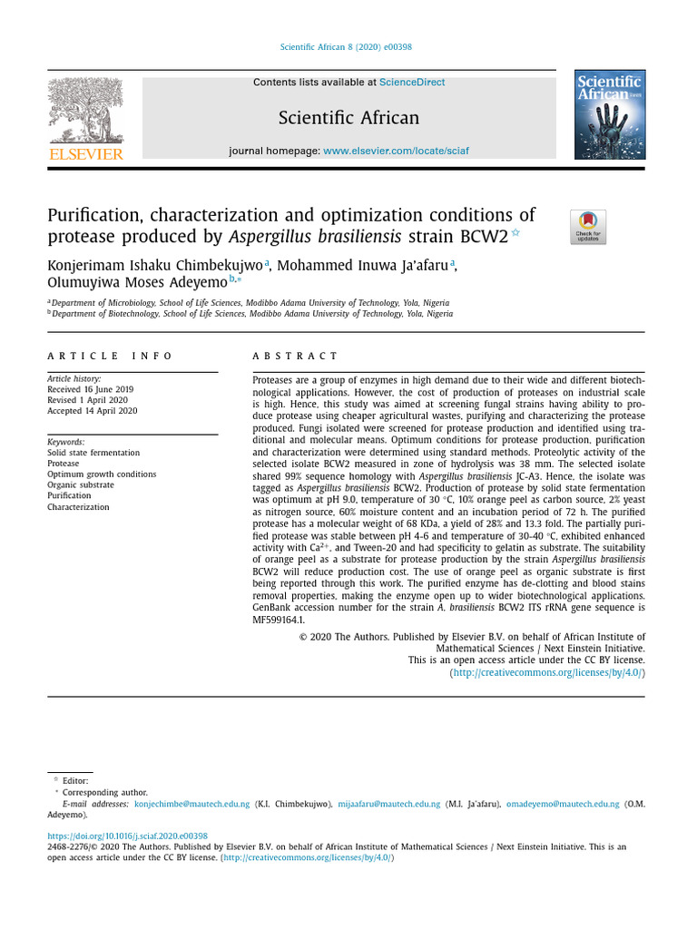 Purification, characterization and optimization conditions of protease produced by Aspergillus ...