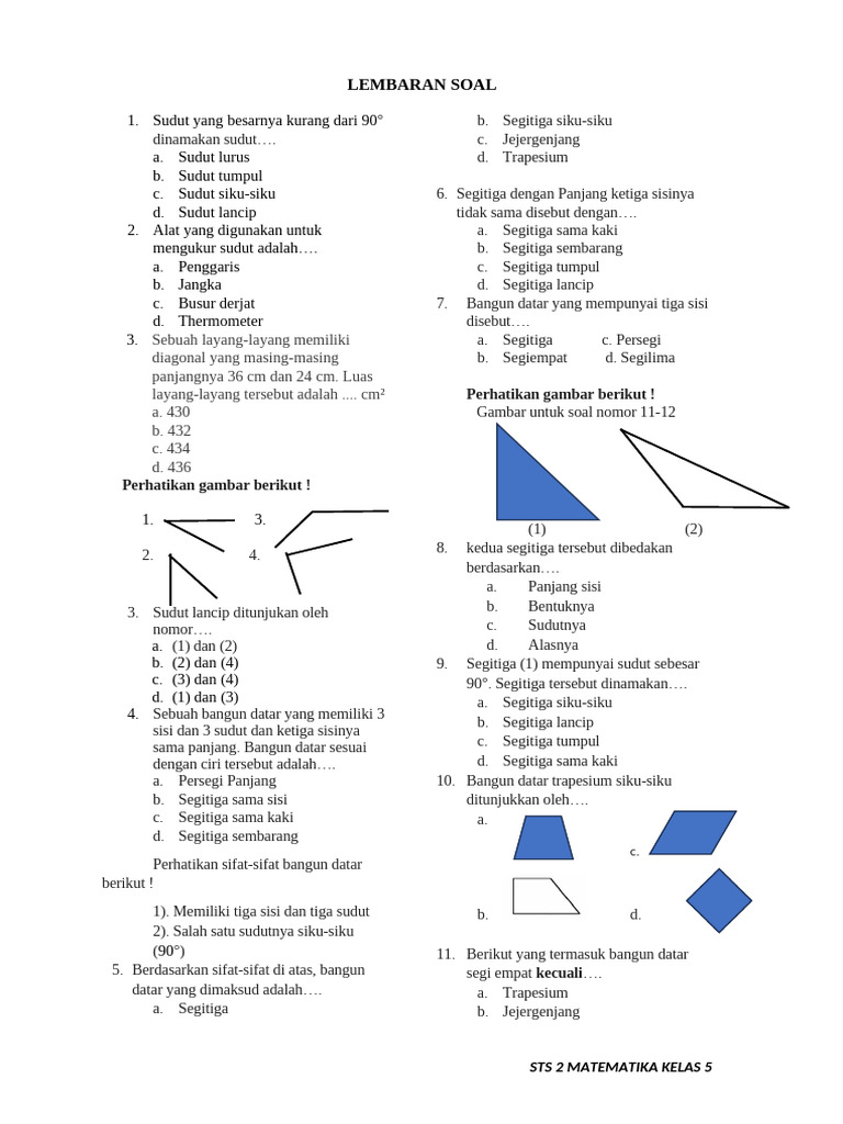 SOAL MTK STS Kelas 5 SESTER 2 2025-2026 | PDF