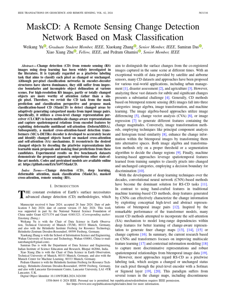 MaskCD A Remote Sensing Change Detection Network Based On Mask Classification | PDF | Image ...