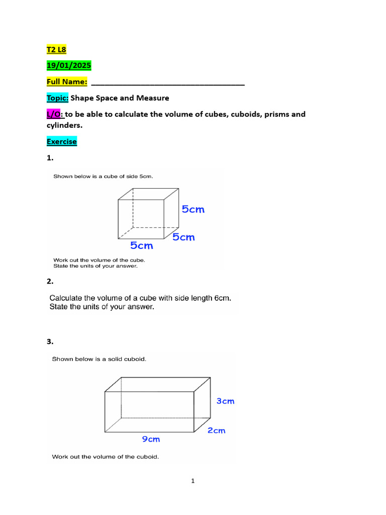 Y9 T2 L8 Volume of Cubes Cuboids Prisms and Cylinders | PDF