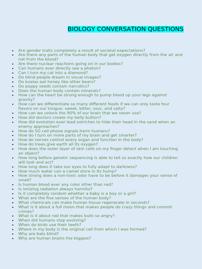 Engaging Biology Conversation Starters | PDF | Taste | Senses