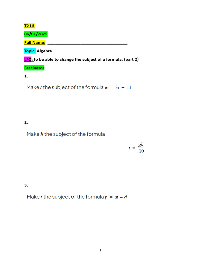 Rearranging Formulas Worksheet | PDF