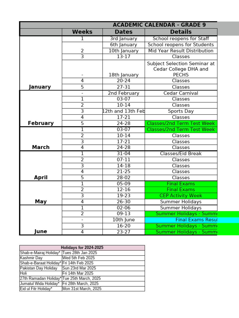 Grade 9 Academic Calendar 2024-2025 | PDF | Academic Term | March ...
