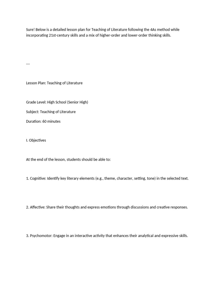 High School Literature Lesson Plan | PDF | Lesson Plan | Thought