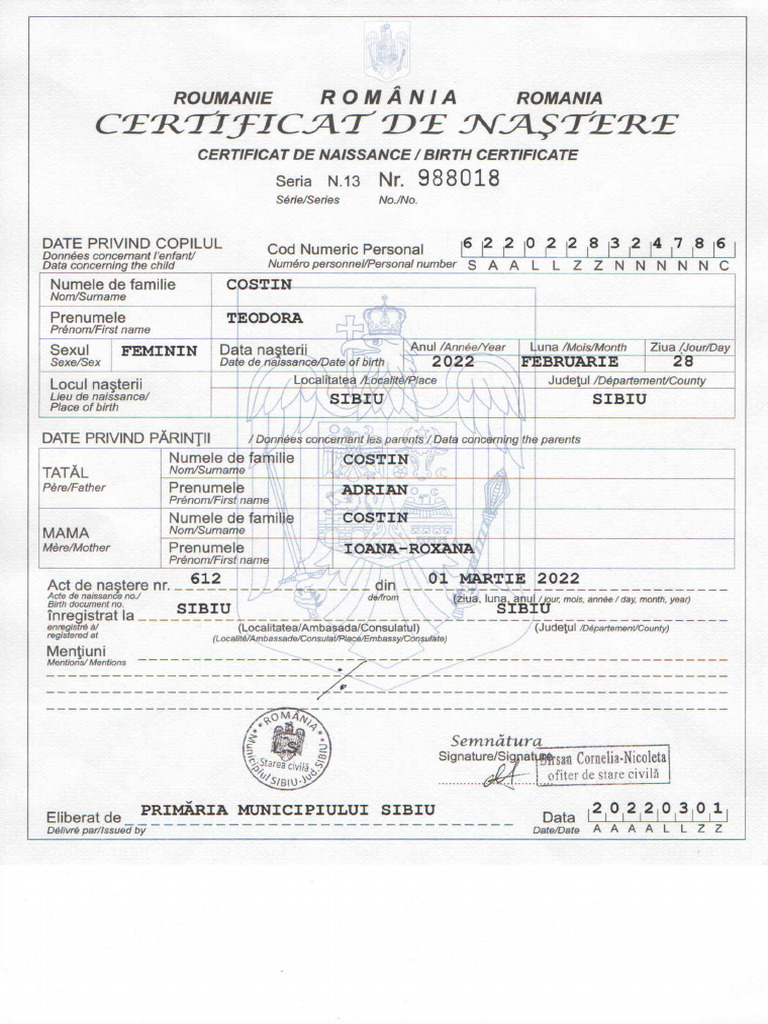 Certificat de Nastere Costin Teodora | PDF