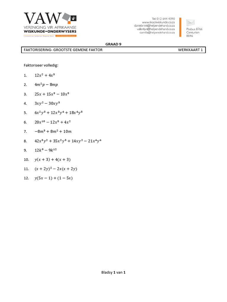 Gr. 9 Wisk Faktorisering SDP Werkkaart 1 - GGF | PDF